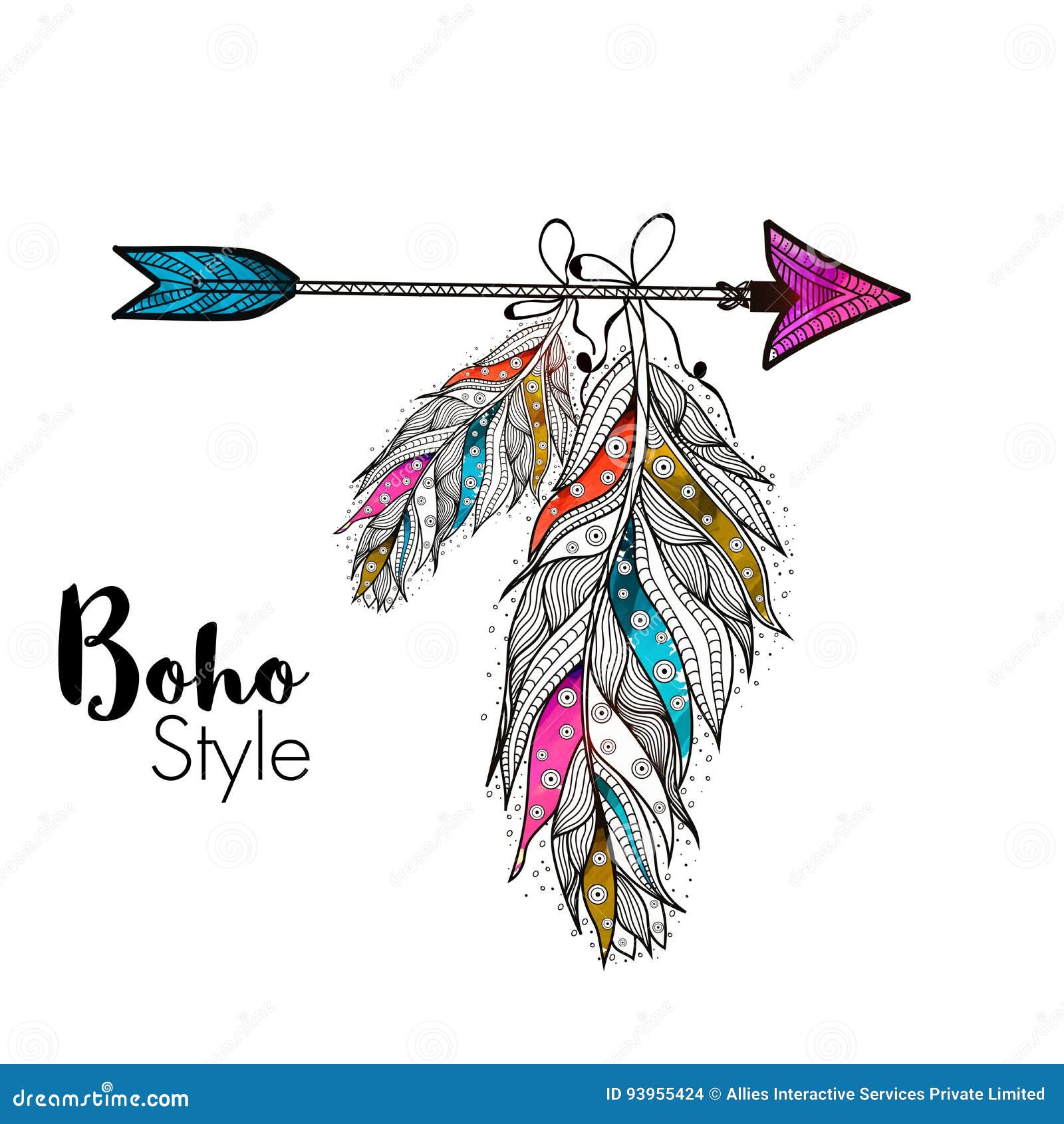 Boho Style Feathers with Arrow. Stock Illustration - Illustration of ...