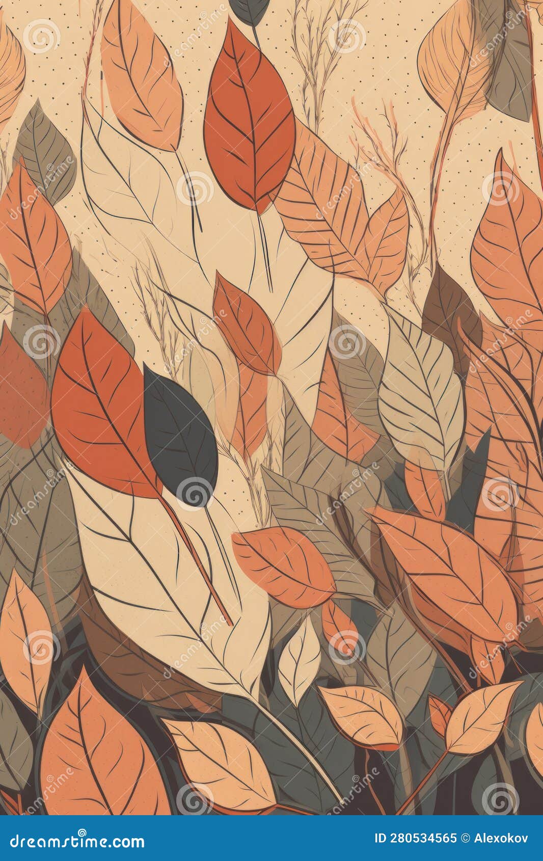 Boho Style Retro Mood: Fallen Leaves Drawing. Stock Illustration ...