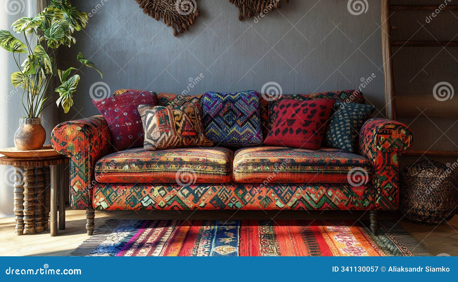 Boho Style Sofa with Side Table and Decor 3D Render Stock Illustration ...