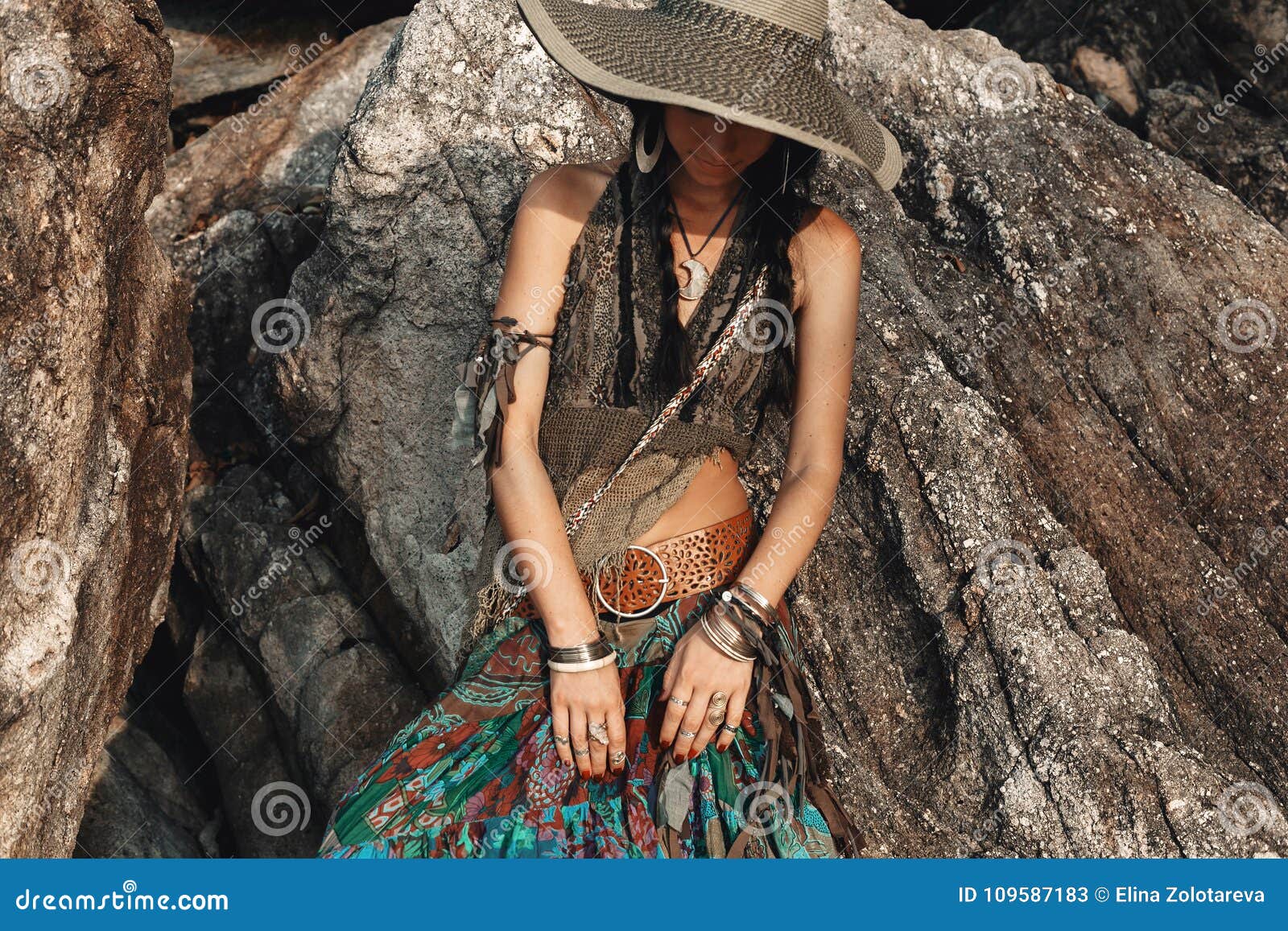 Boho Style Young Woman Cover Face with Hat Stock Image - Image of ...