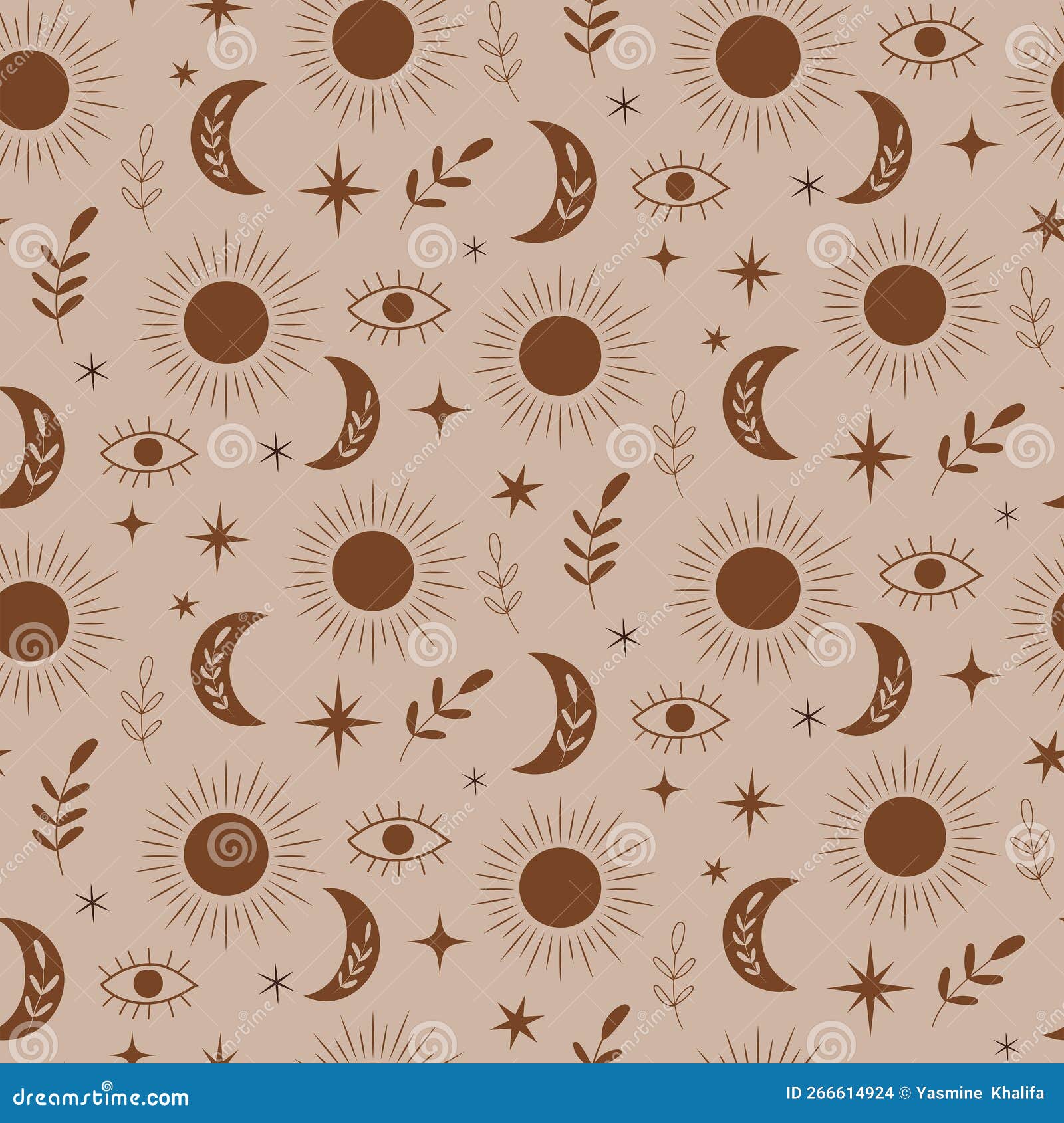 Mystical Boho Sun and Moon Seamless Pattern with Leaves, Eyes and Stars ...