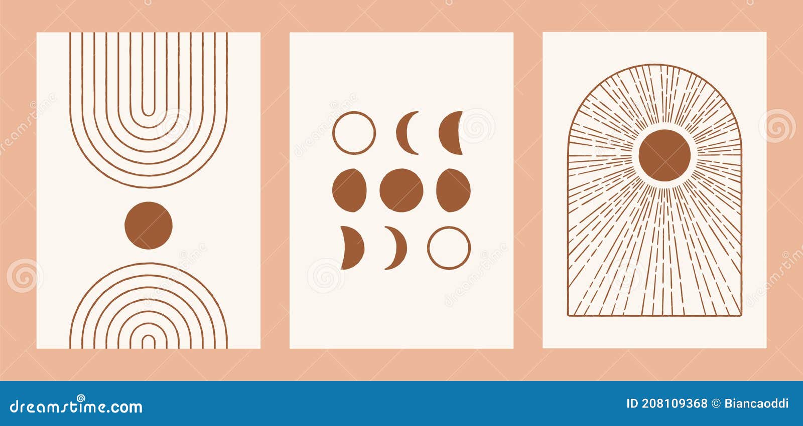 Boho Sun, Moon, Arch Set, Minimalist Mid Century Modern Art Stock ...