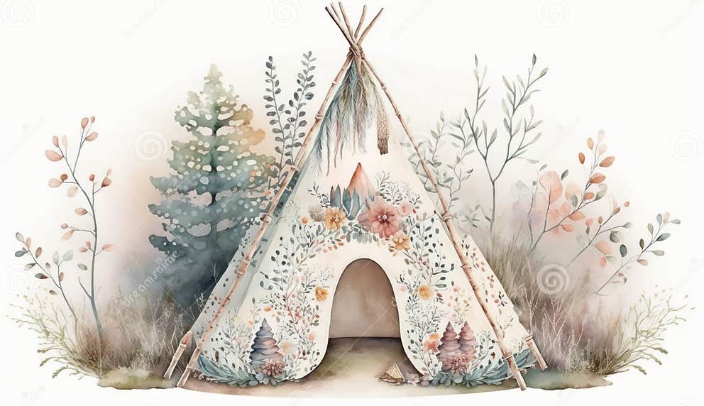 Boho Teepee Decorated with Pastel Watercolor Pattern AI Generated Stock ...