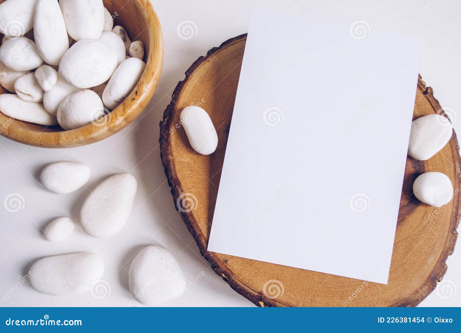 Boho Vertical Postcard Mockup With White Pebble And Wooden Cut Section ...