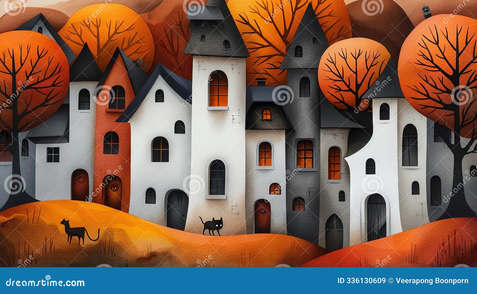 Boho Watercolor Spooky Town with Ghosts and Black Cats Stock ...