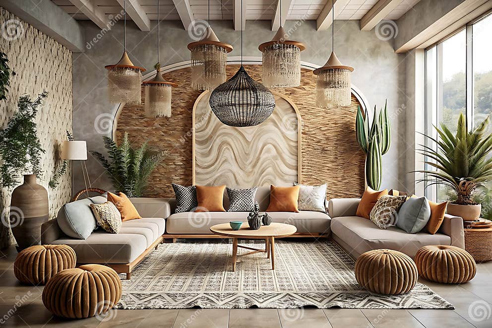 Modern Living Room with Boho Wave Sofas, Earthy Tones, Patterned ...