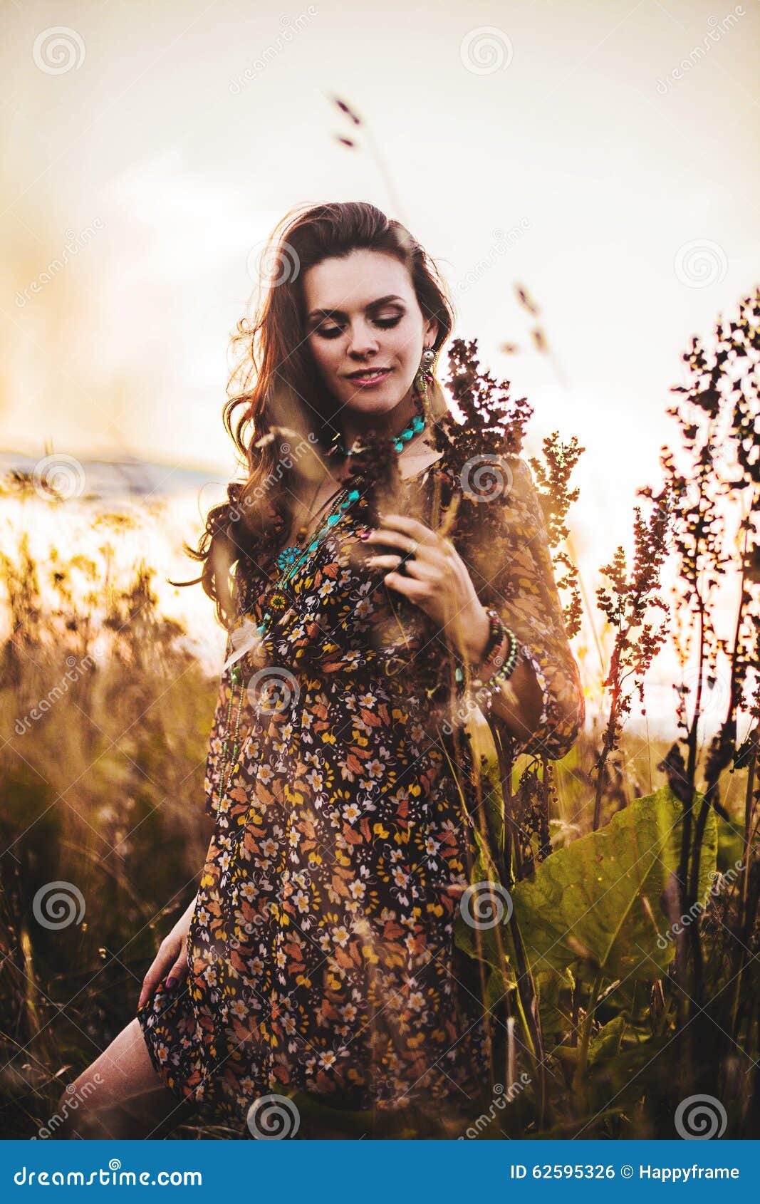 Boho woman in field stock photo. Image of female, floral - 62595326