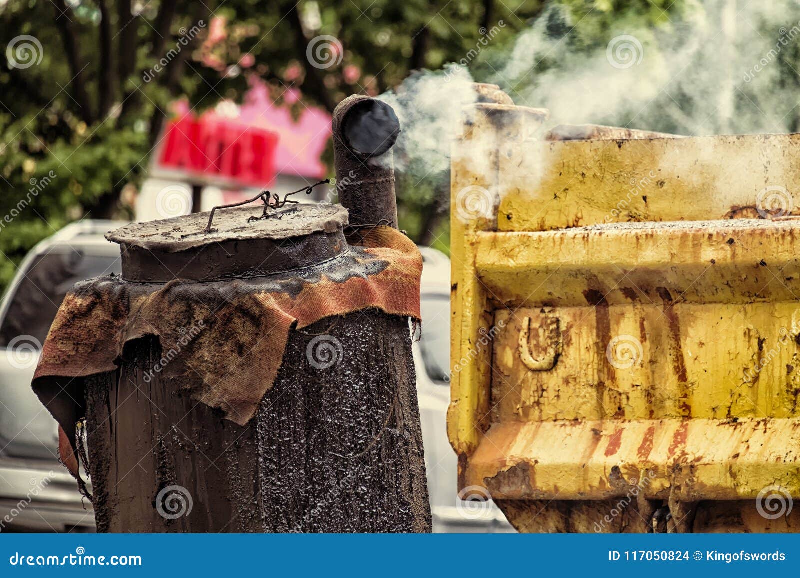 Boil with Boiling Resin. Iron Barrel Filled with Resin Stock Photo ...