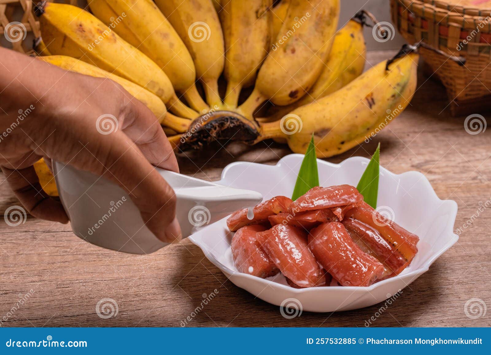 Boiled Bananas in Syrup Topped with Coconut Milk Stock Image - Image of ...