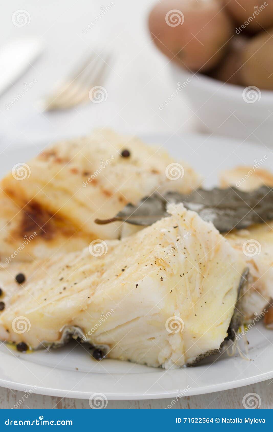 Boiled Cod Fish with Black Pepper on White Plate Stock Photo - Image of ...