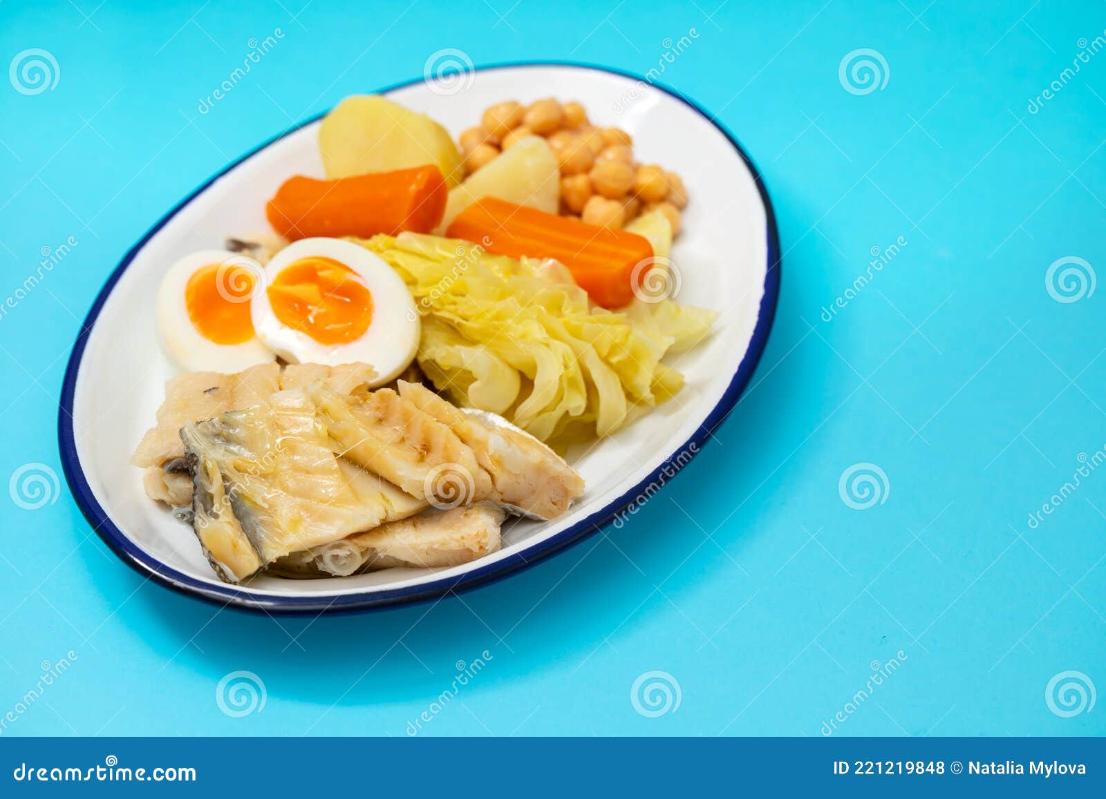 Boiled Cod Fish with Boiled Vegetables and Egg Stock Photo - Image of ...