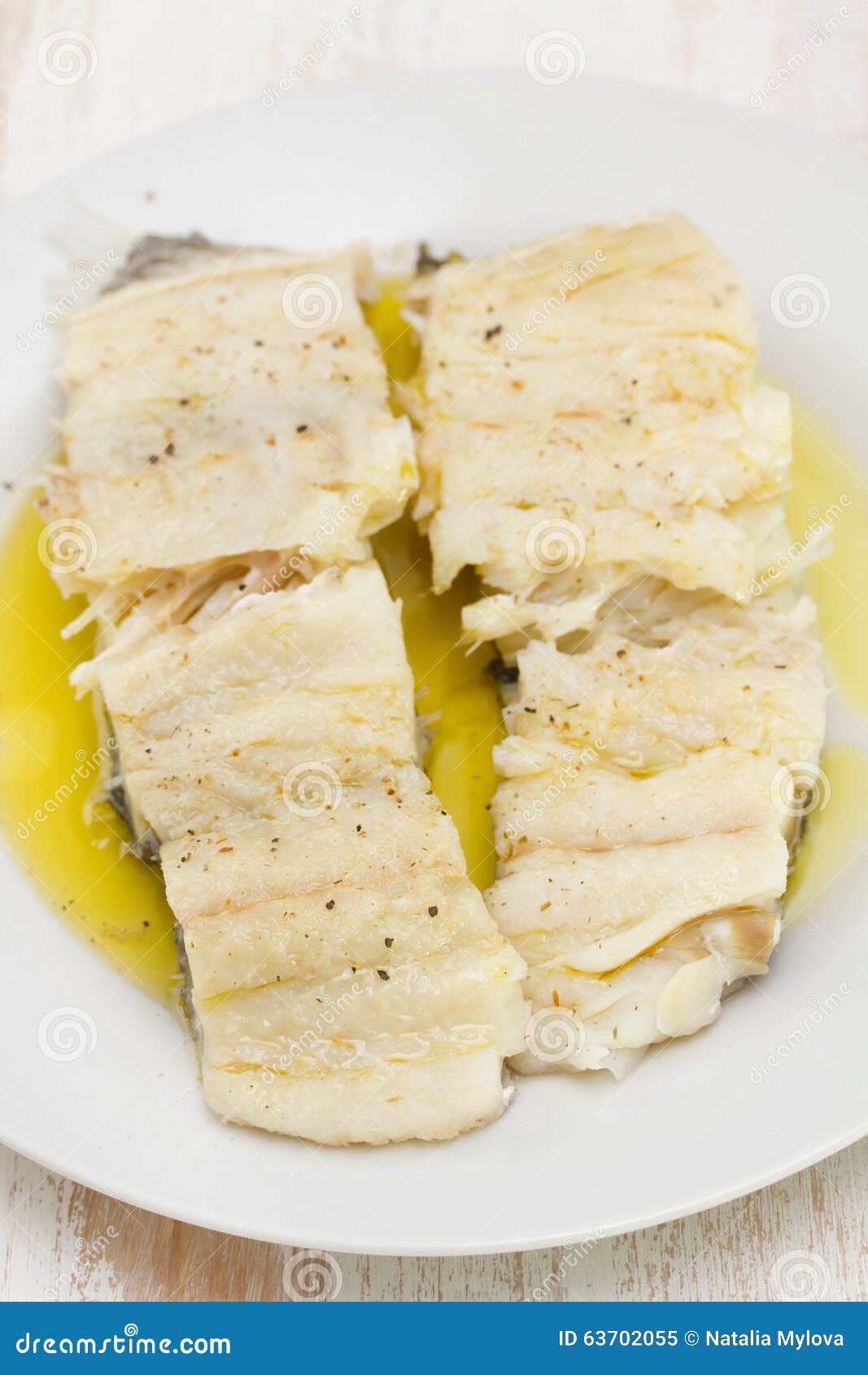 Boiled Cod Fish with Olive Oil Stock Image - Image of white, dish: 63702055