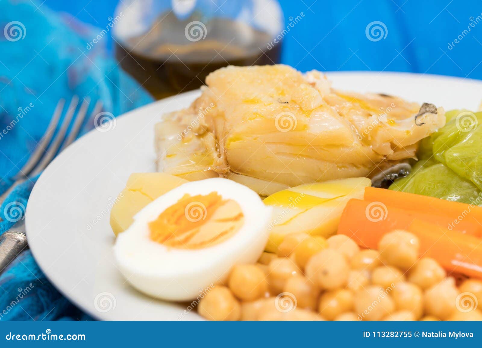 Boiled Cod Fish with Potato, Carrot, Cabbage , Chick-pea and Egg Stock ...