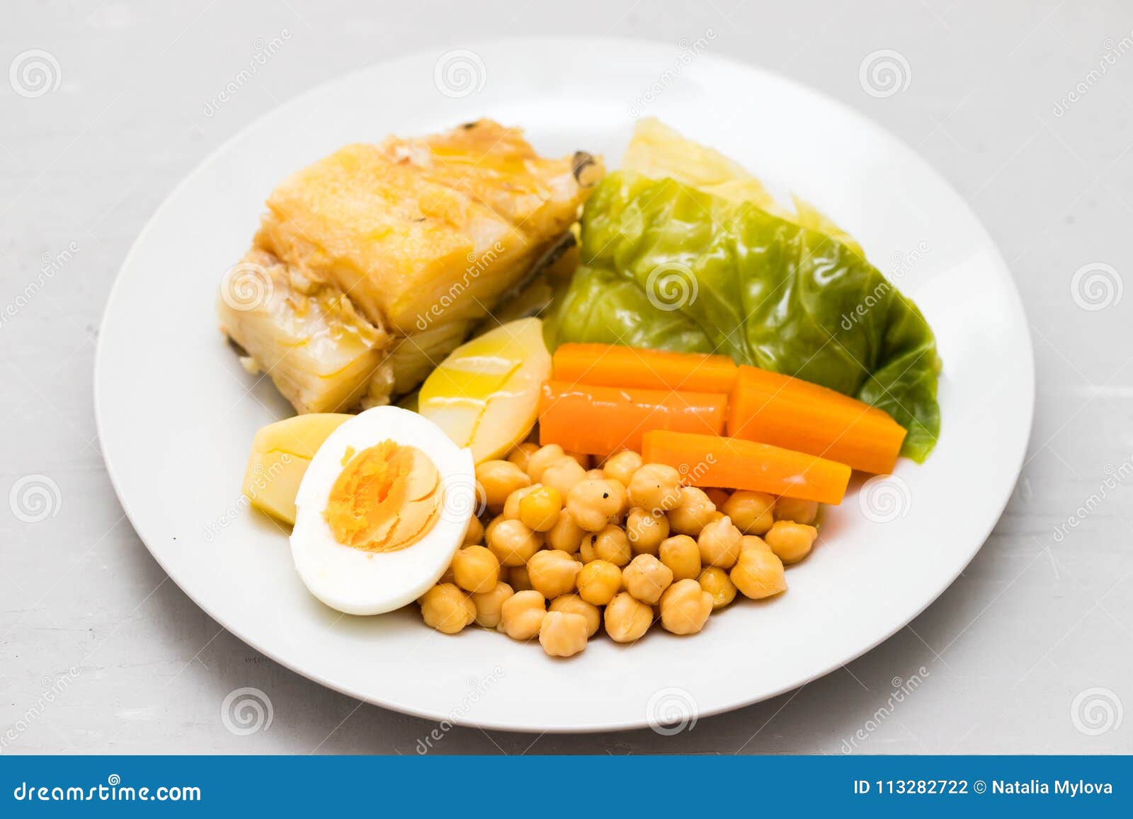 Boiled Cod Fish with Potato, Carrot, Cabbage , Chick-pea and Egg Stock ...