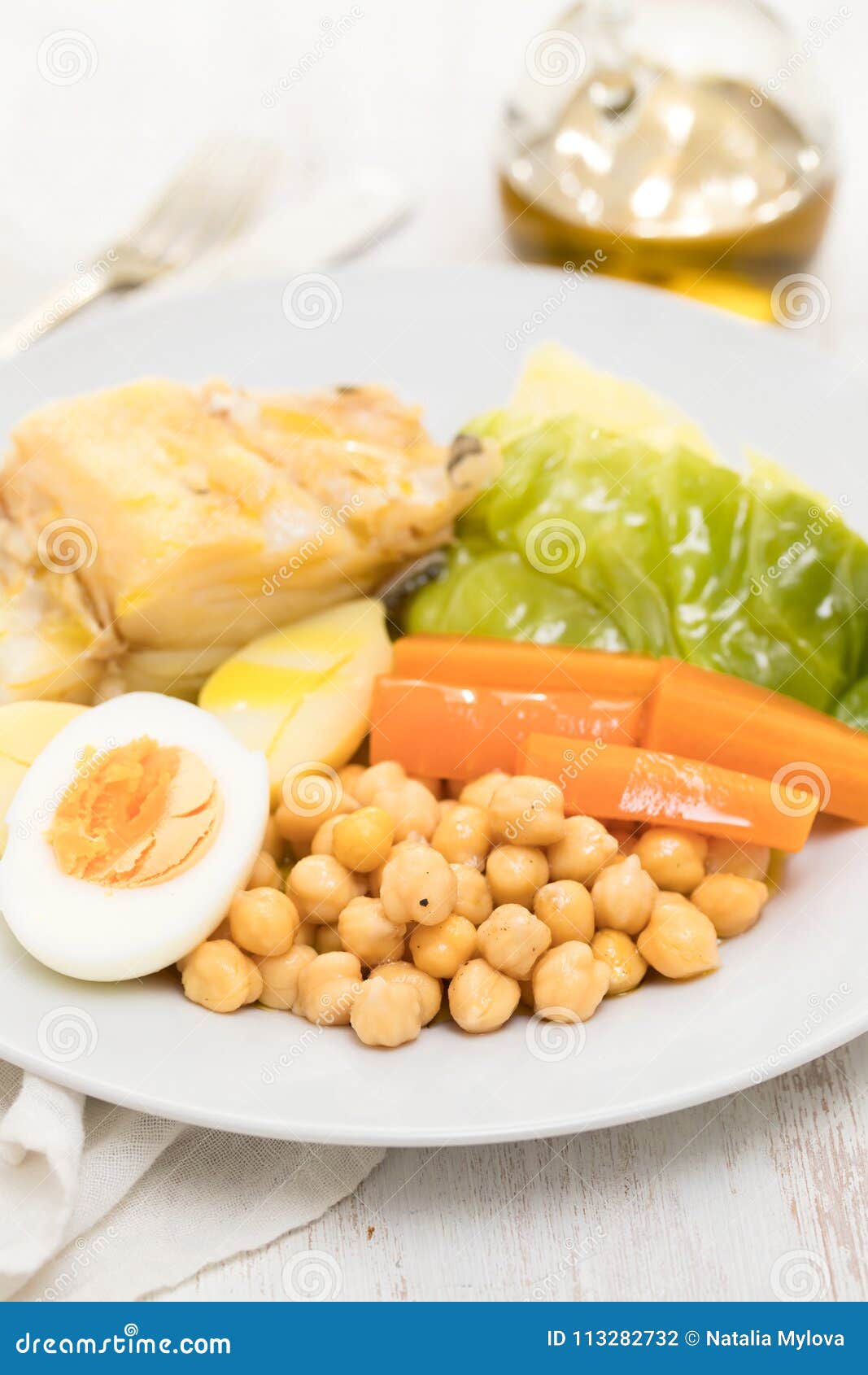 Boiled Cod Fish with Potato, Carrot, Cabbage , Chick-pea and Egg Stock ...