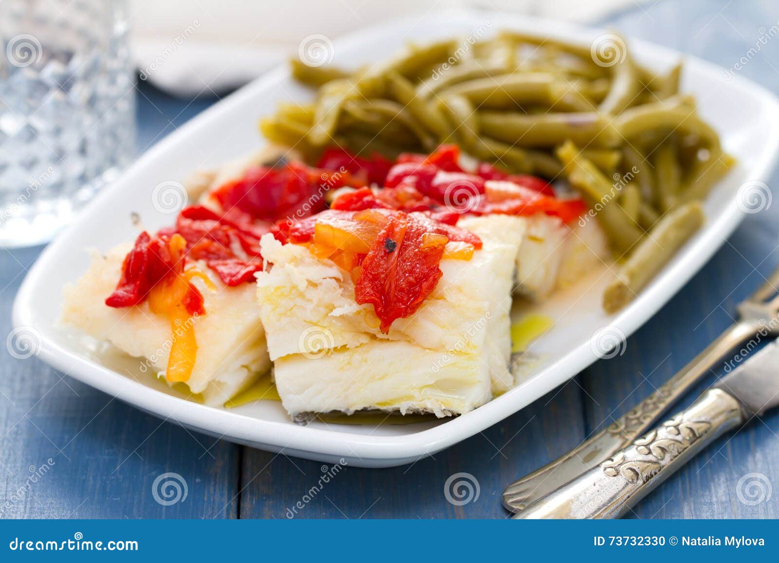 Boiled Cod Fish with Red Pepper and Green Beans Stock Photo - Image of ...