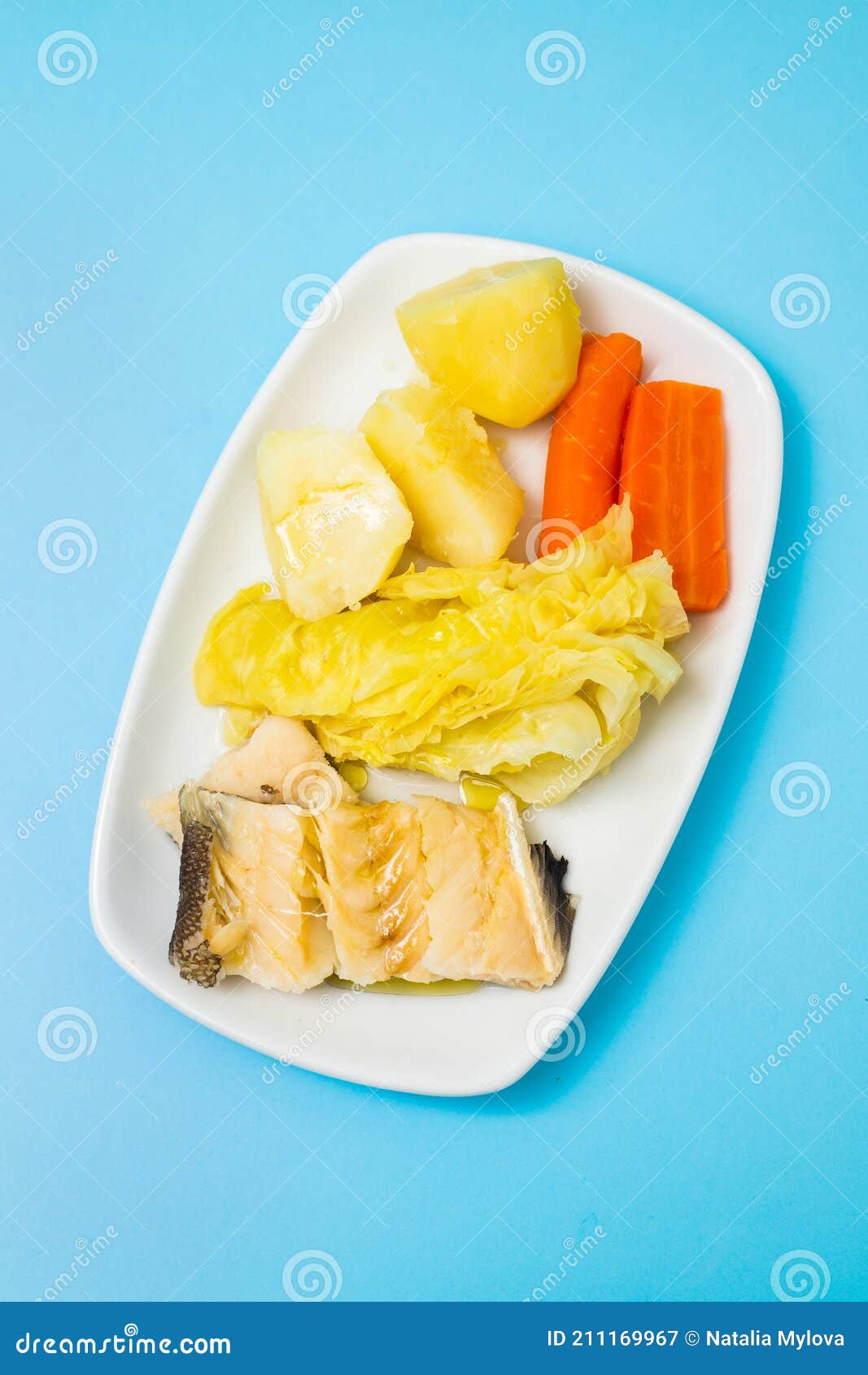 Boiled Cod Fish with Boiled Vegetables and Egg on White Dish Stock ...