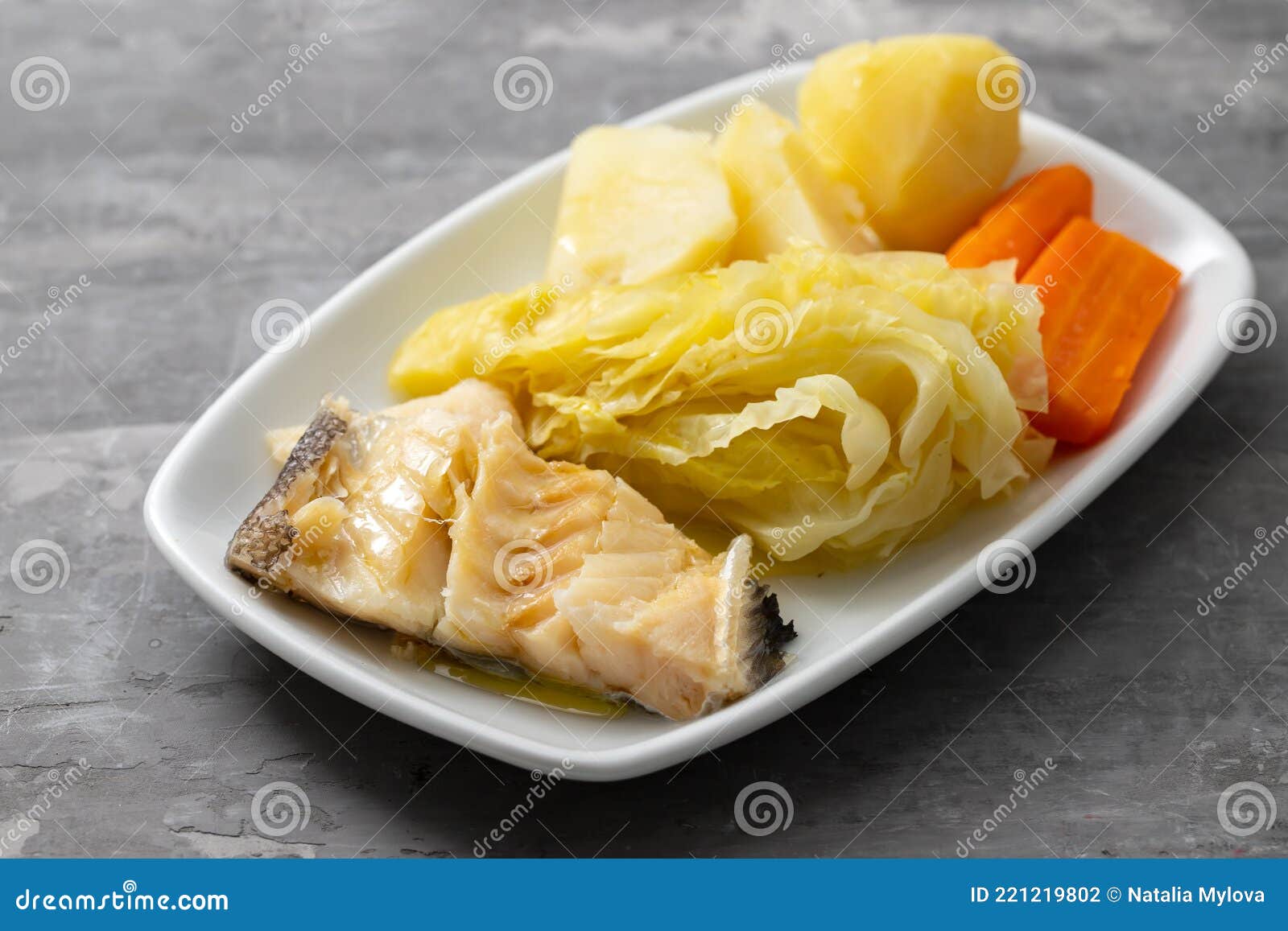 Boiled Cod Fish with Boiled Vegetables and Egg Stock Photo - Image of ...