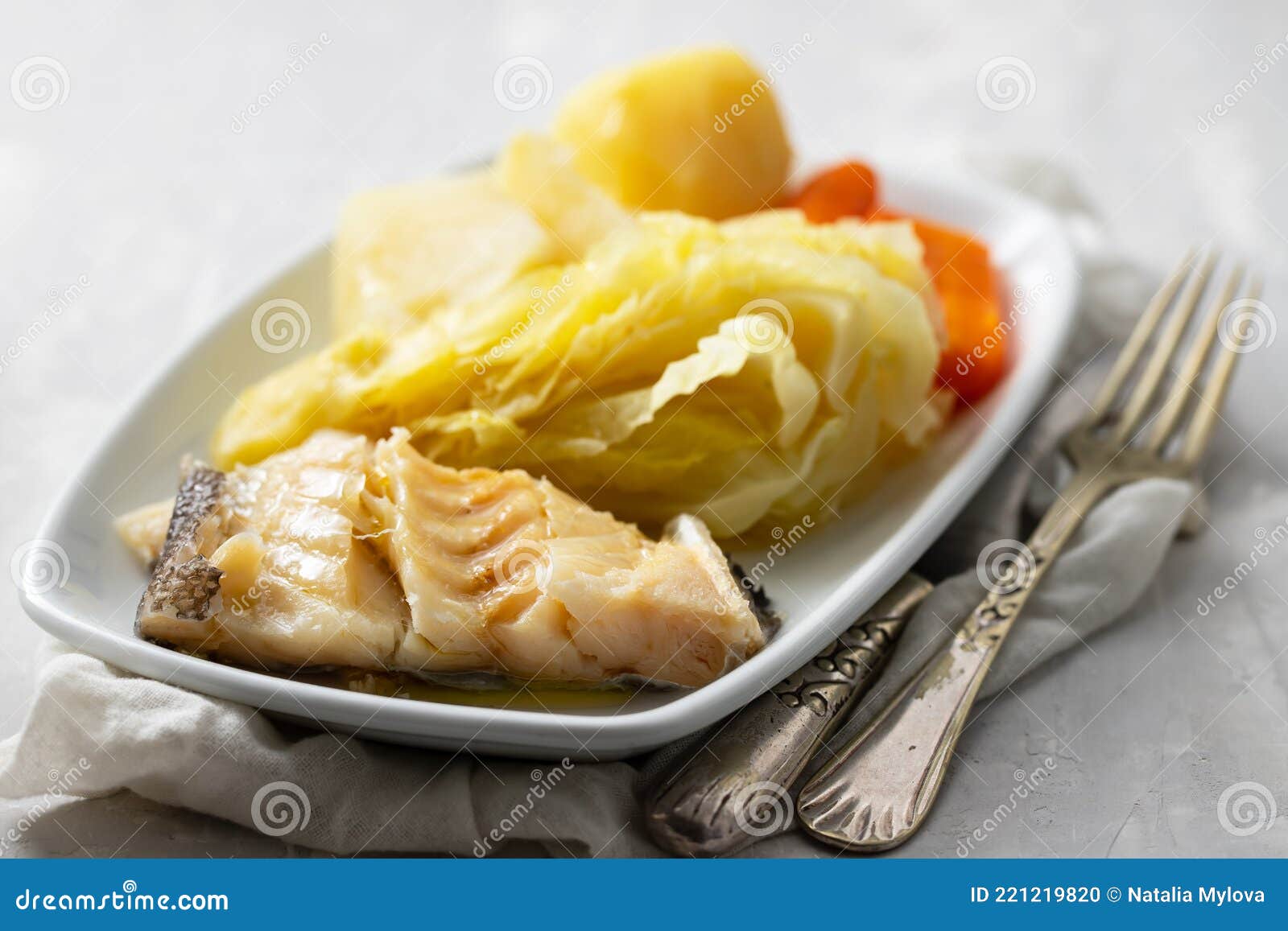 Boiled Cod Fish with Boiled Vegetables and Egg Stock Photo - Image of ...