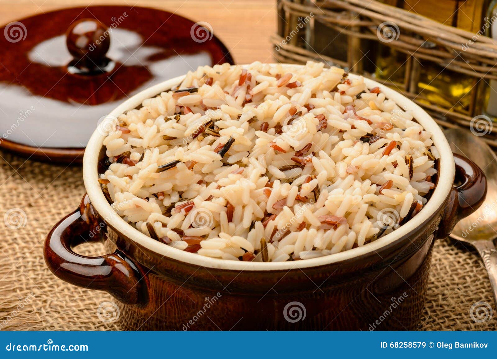 Boiled 3 Color Mixed Rice in Ceramic Bowl on Brown Wooden Table. Stock ...