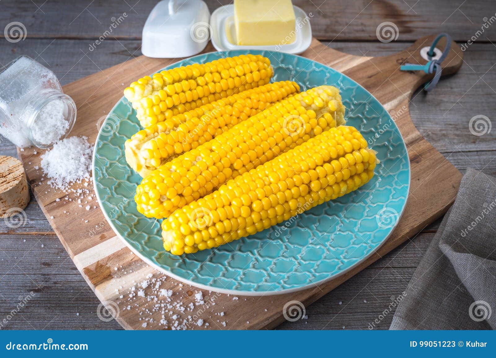 Boiled Corn with Butter and Salt Stock Image - Image of vegan, wooden ...