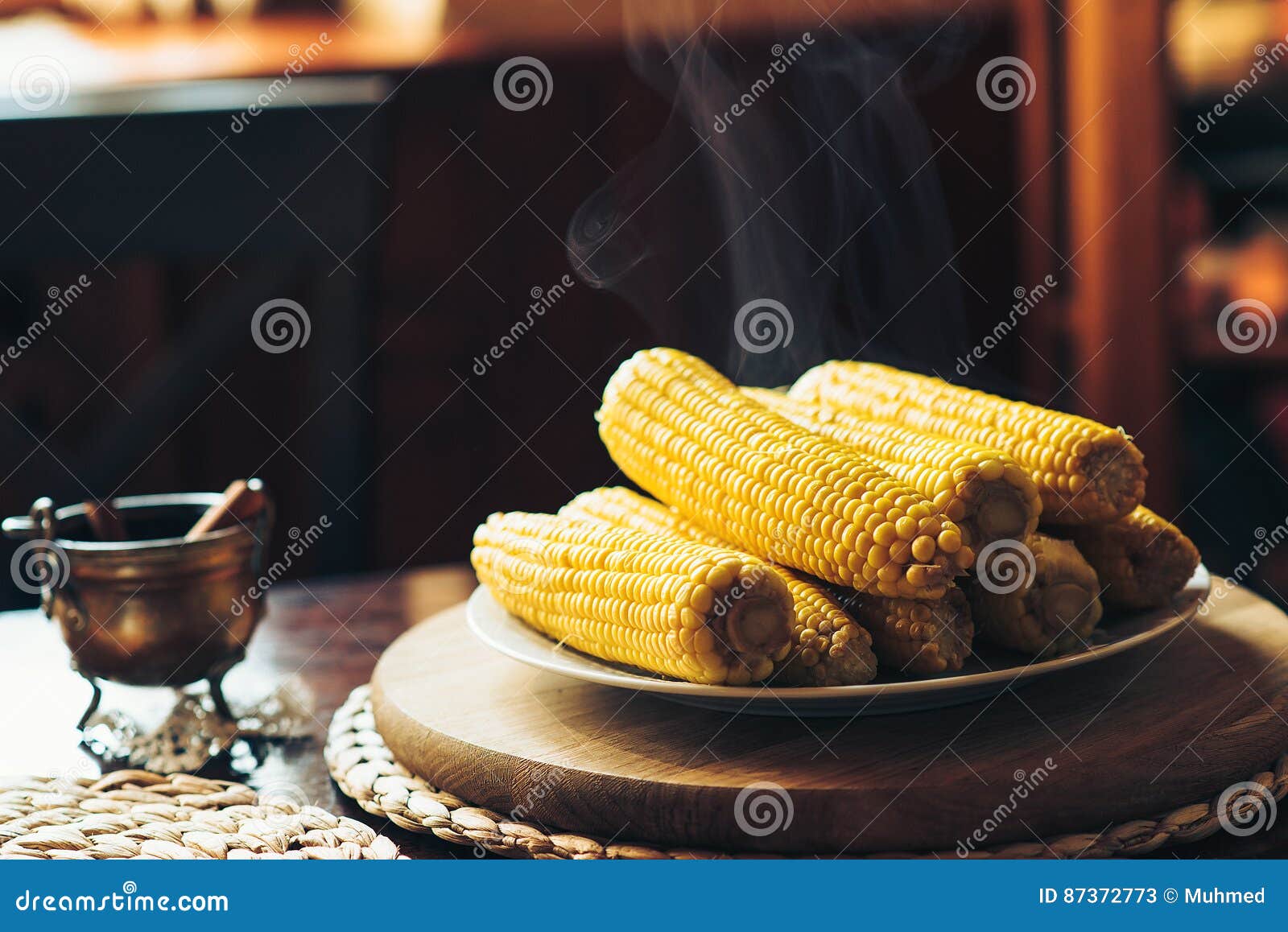 Boiled Corn on a Plate in the Kitchen. Stock Image - Image of diet ...