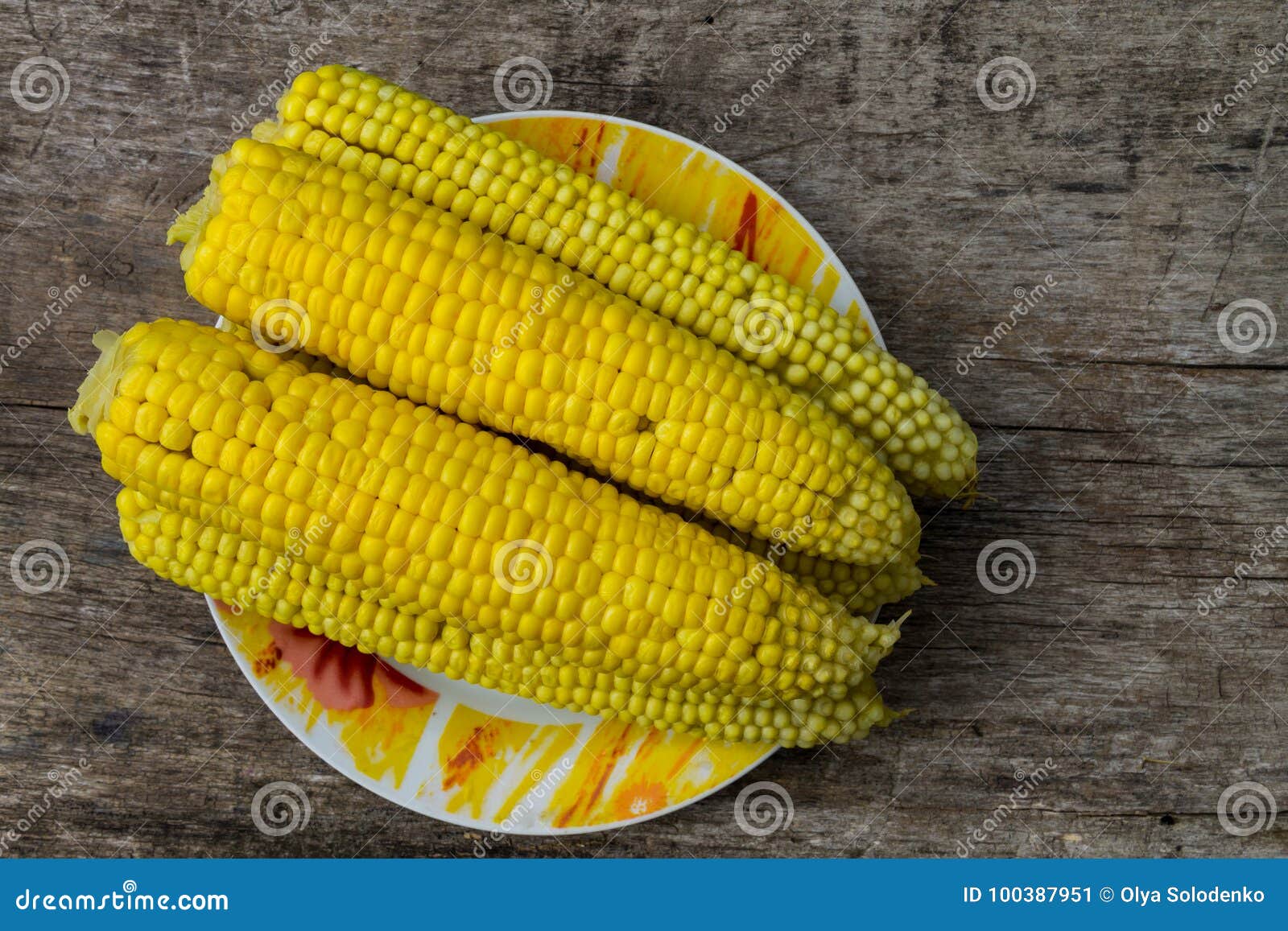 Boiled Corn on Plate on Rustic Wooden Table Stock Image - Image of ...