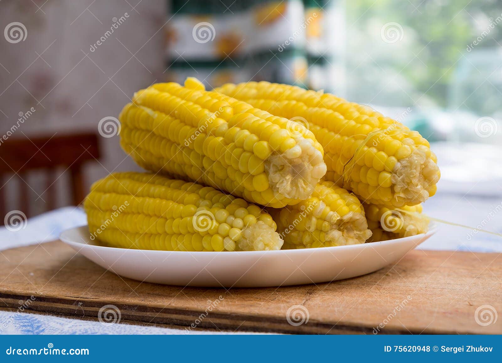 Boiled Corn on a White Plate in the Kitchen Stock Photo - Image of food ...