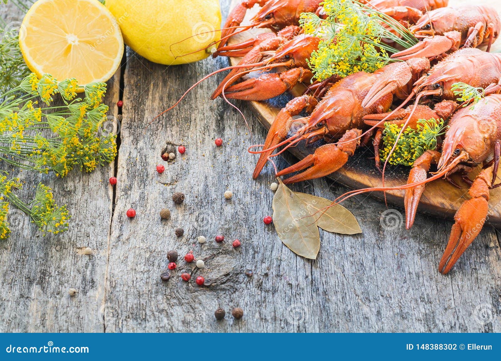 Boiled Crawfish. Woden Background. Rustic Style. Red Boiled Crawfish On ...