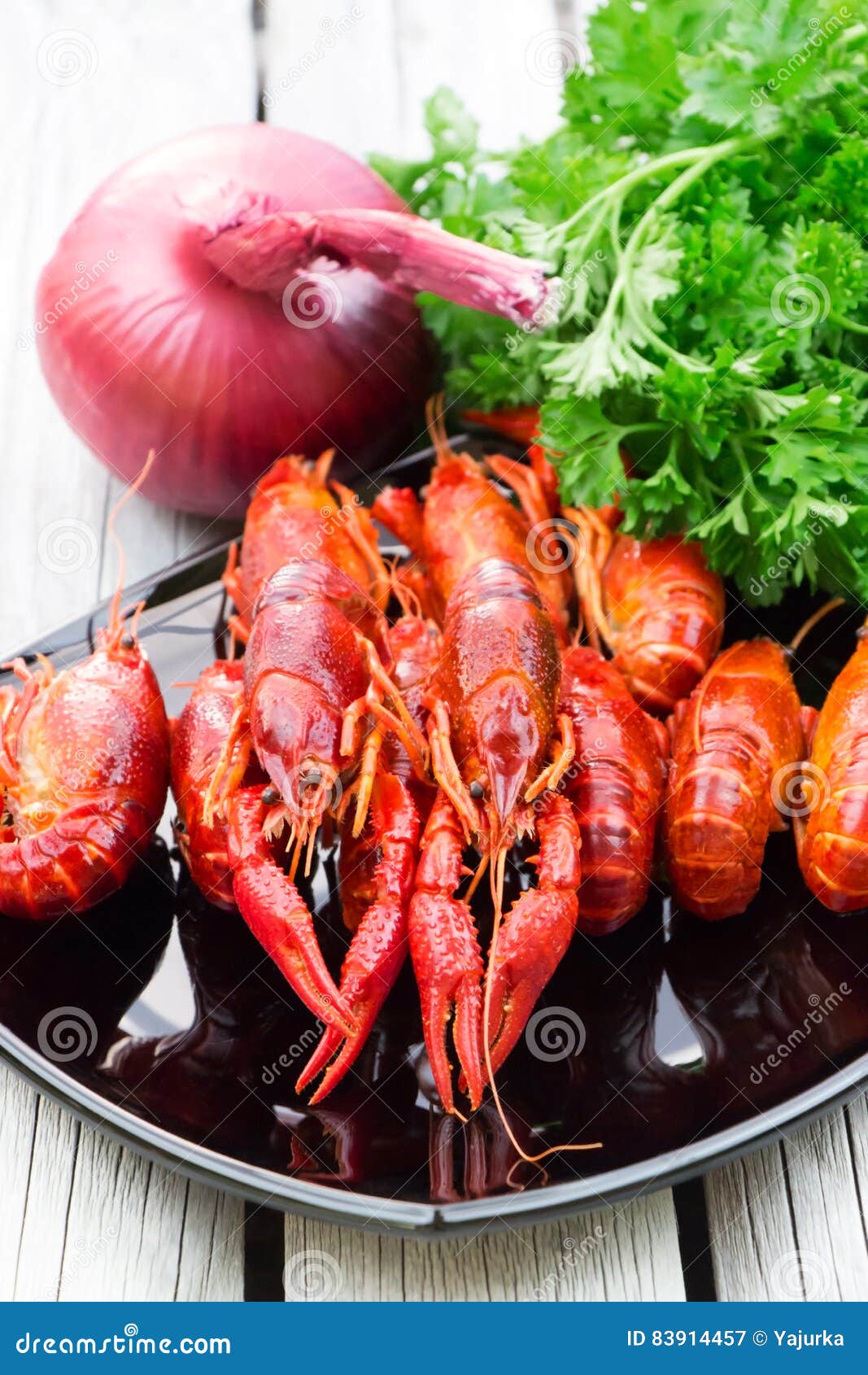 Boiled Crawfish. Woden Background. Rustic Style. Red Boiled Crawfish on ...