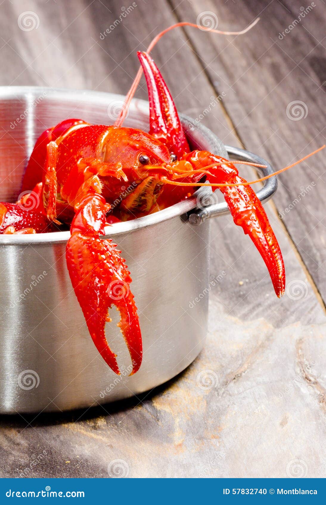 Boiled Crayfish in Steel Pot on Wooden Table Stock Photo - Image of ...
