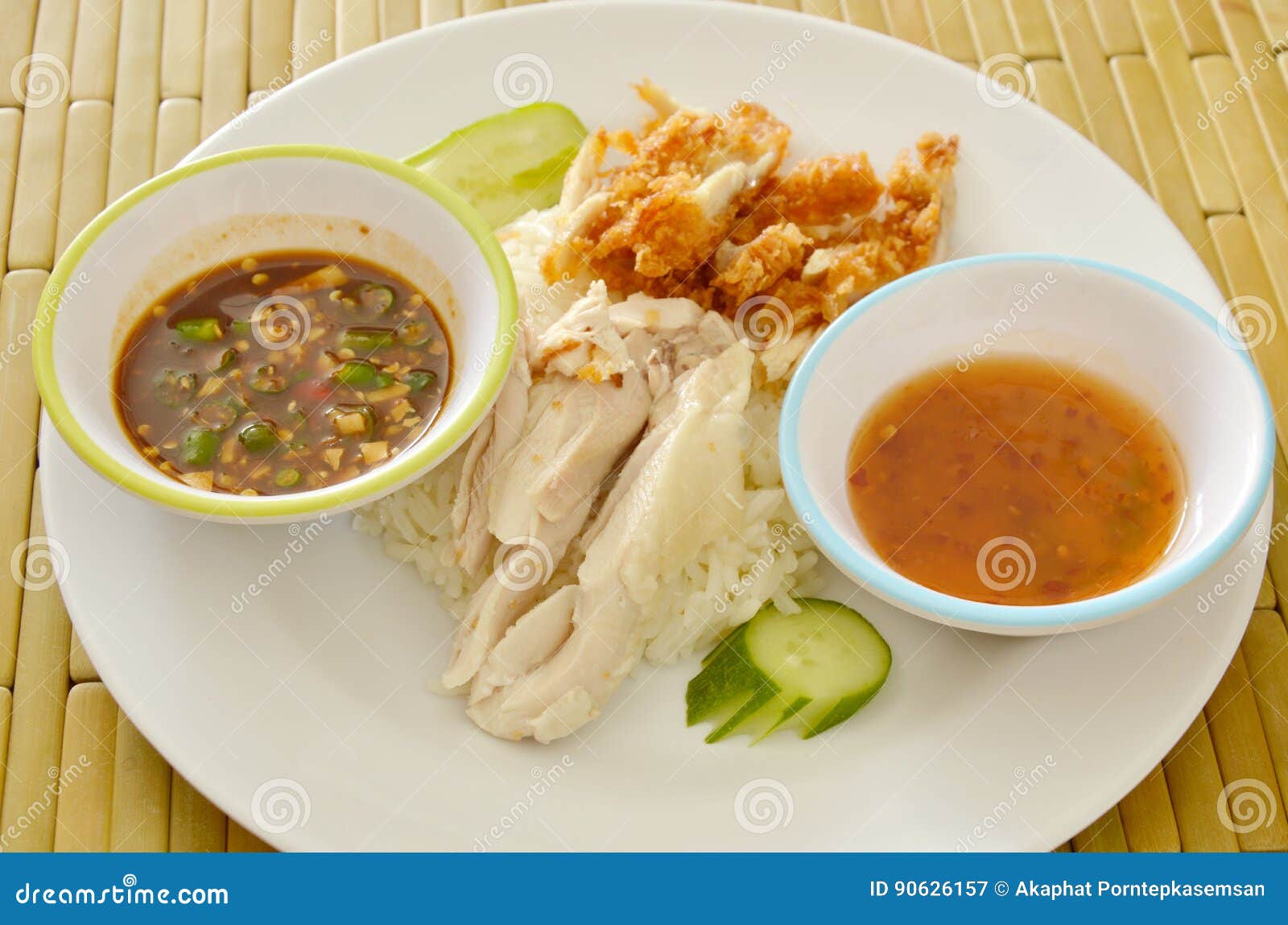 Boiled and Deep Fried Chicken on Cooked Rice with Different Dipping ...
