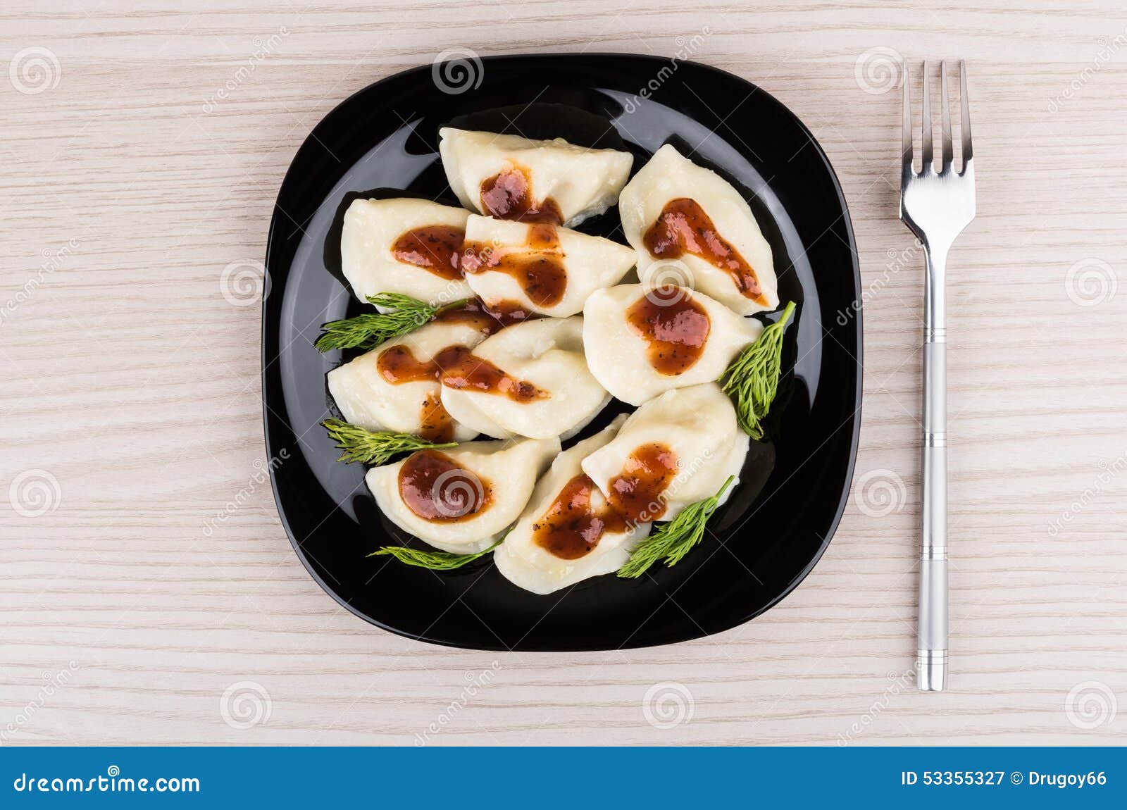Boiled Dumplings in Plate and Fork on Table, Top View Stock Image ...