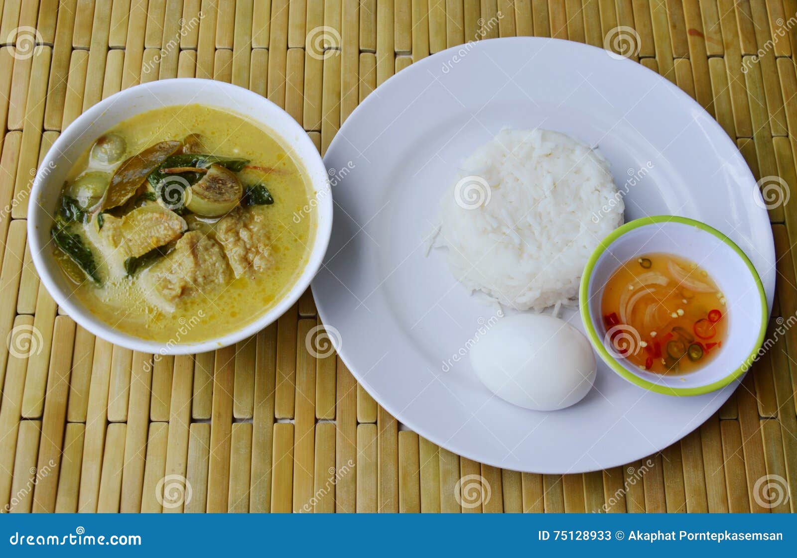 Boiled Egg on Rice and Spicy Fish Ball Green Curry Stock Image - Image ...
