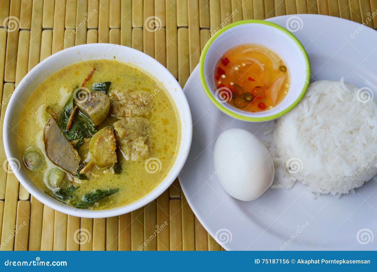 Boiled Egg on Rice and Spicy Fish Ball Green Curry Stock Photo - Image ...