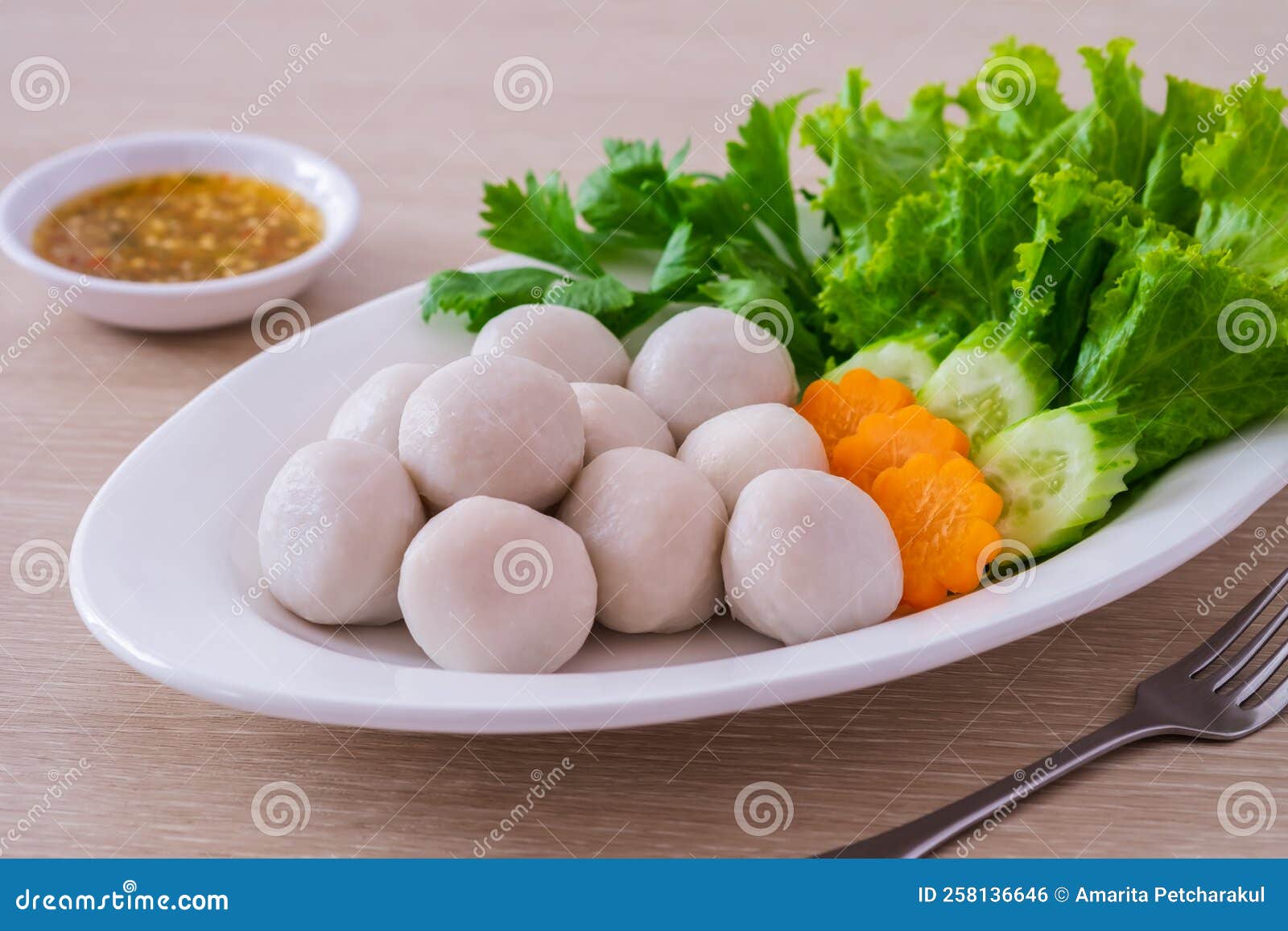 Boiled Fish Balls and Vegetable on White Plate Stock Photo - Image of ...