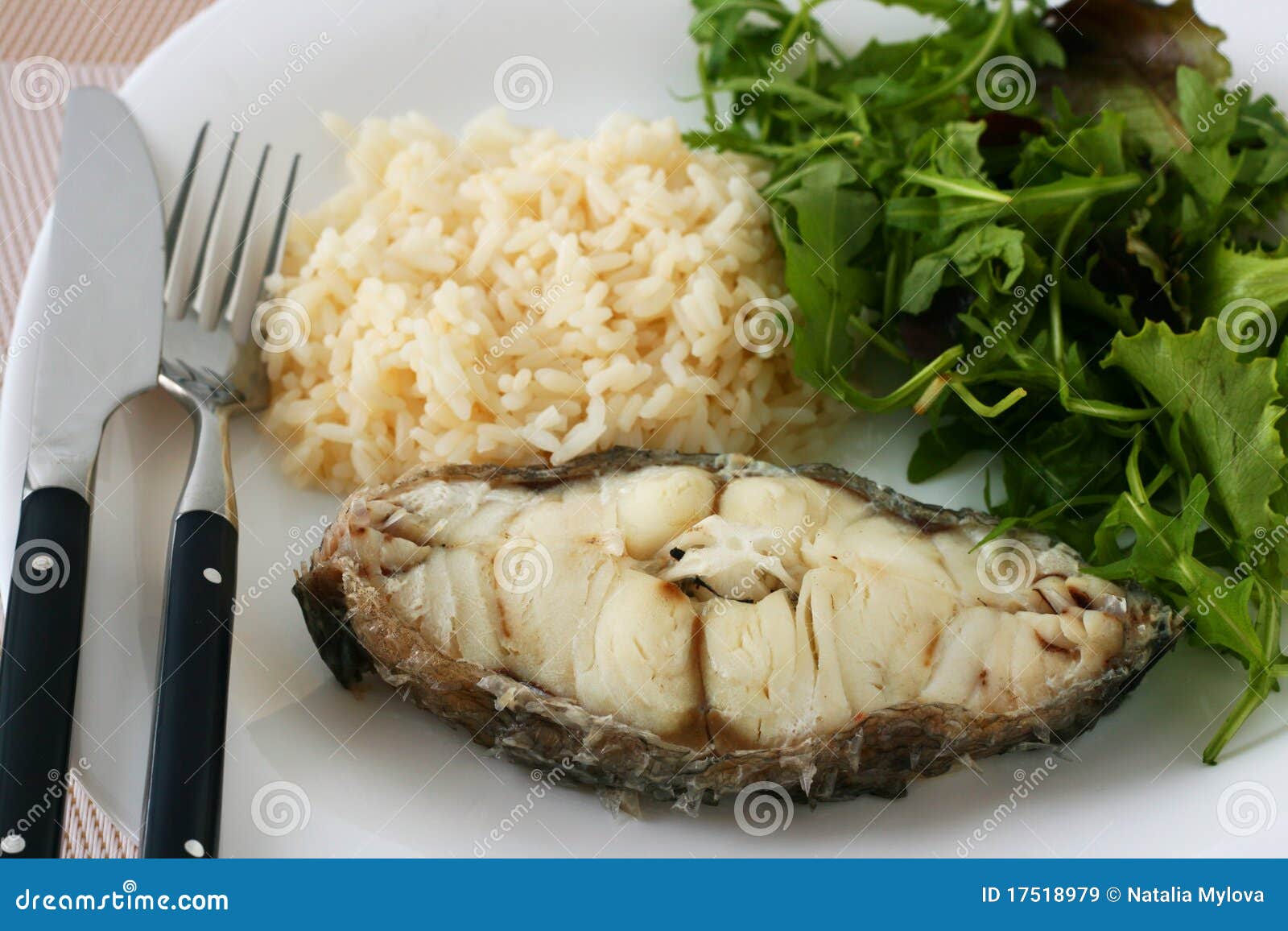 Boiled fish with rice stock image. Image of lemon, knife - 17518979