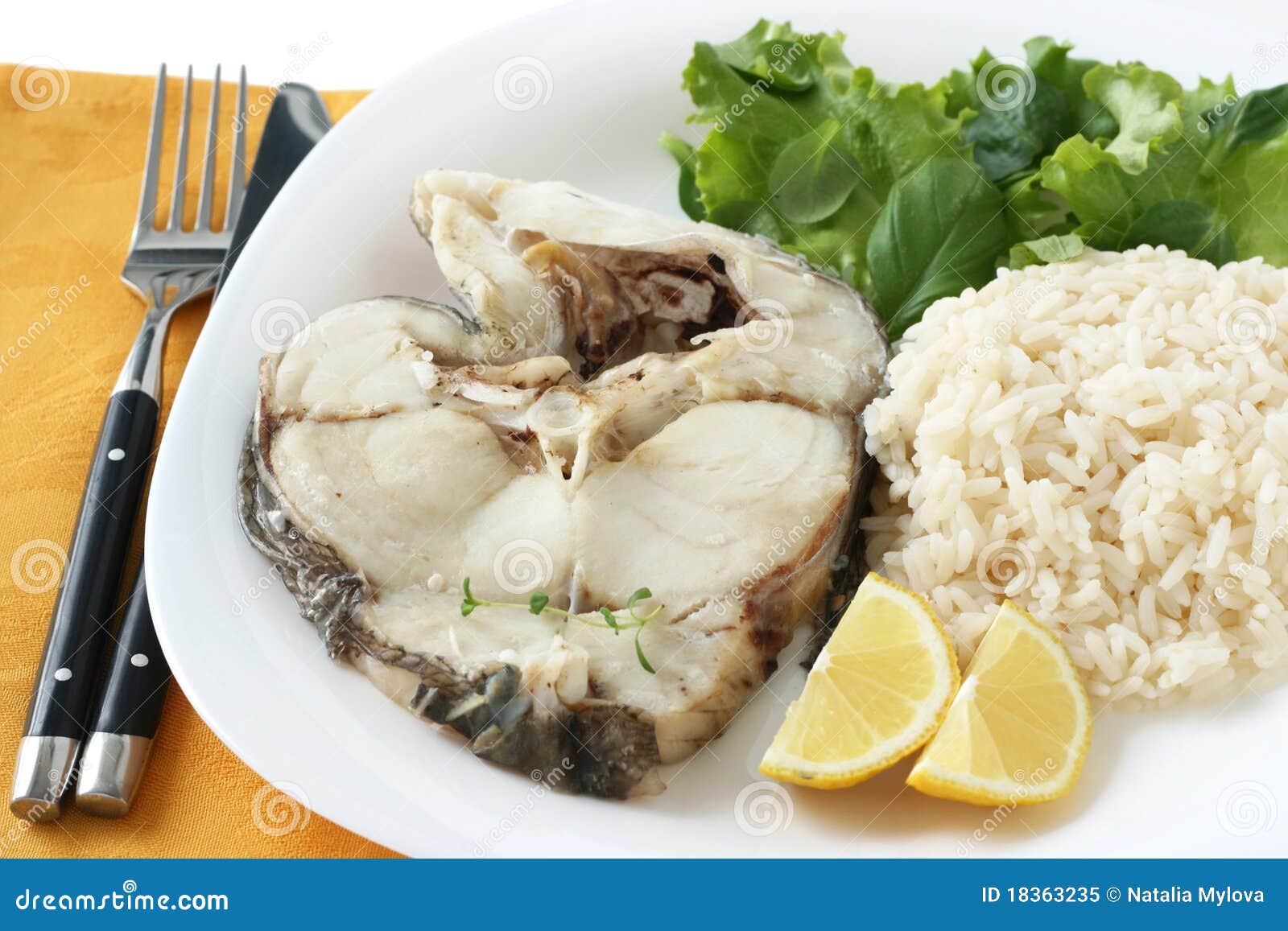 Boiled Fish with Rice and Lemon Stock Image - Image of lemon ...