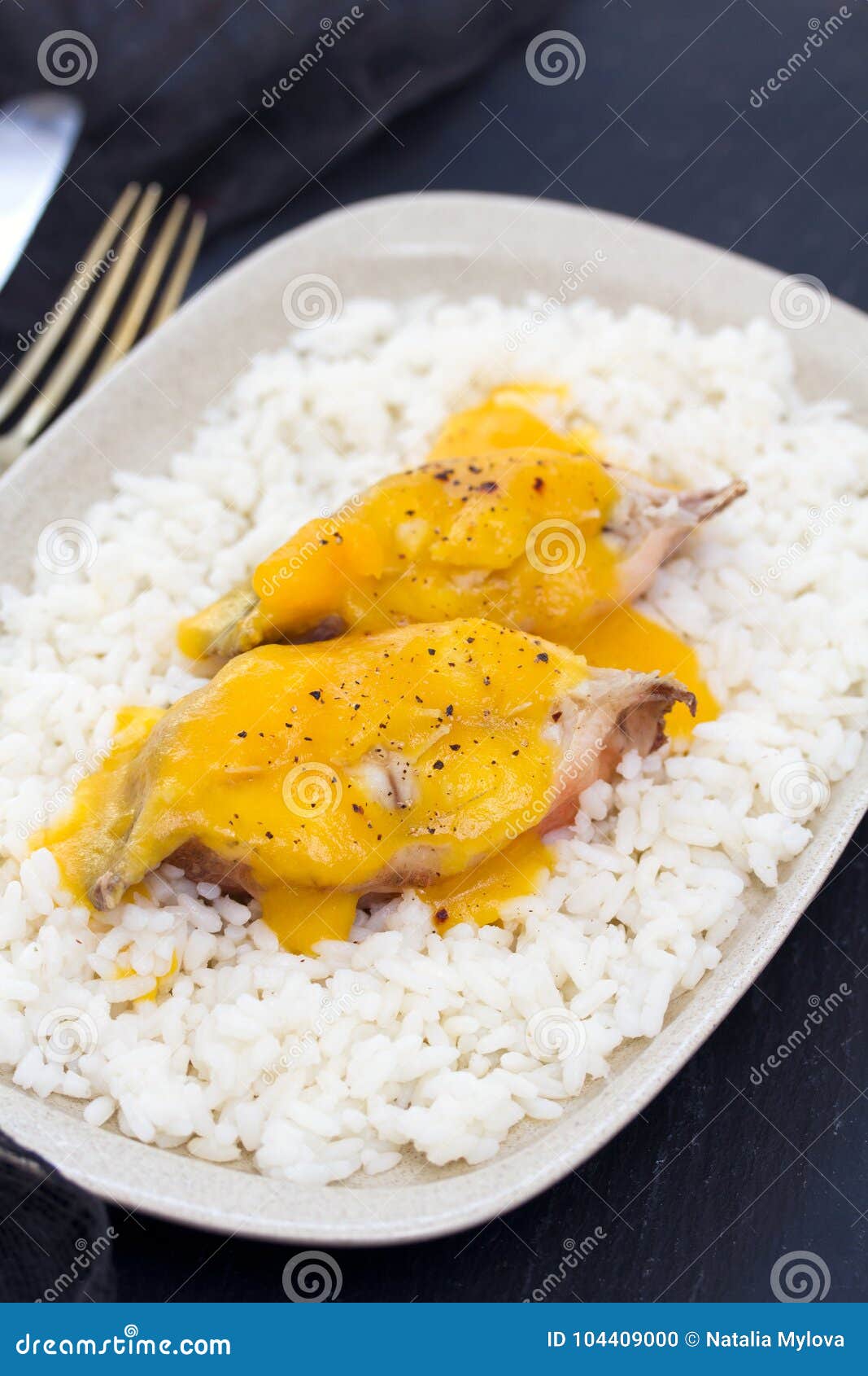 Boiled Fish with Sauce and Boiled Rice on White Dish Stock Photo ...