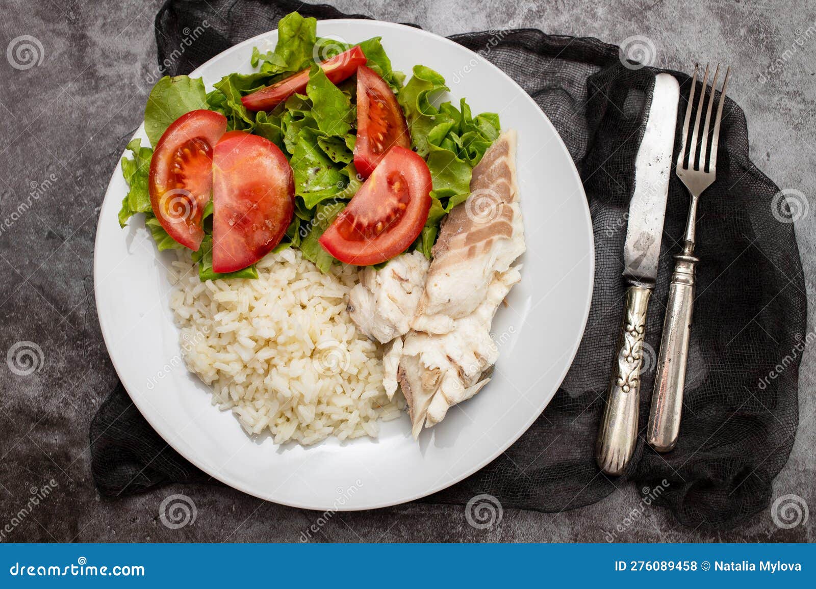 Boiled Fresh Fish with Boiled Rice and Fresh Salad Stock Photo - Image ...
