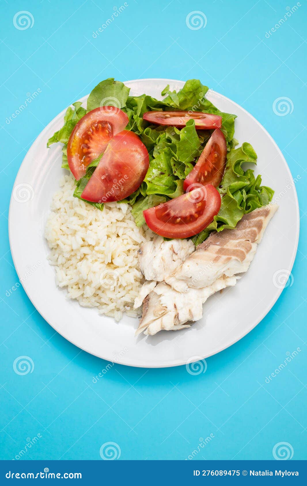 Boiled Fresh Fish with Boiled Rice and Fresh Salad Stock Image - Image ...