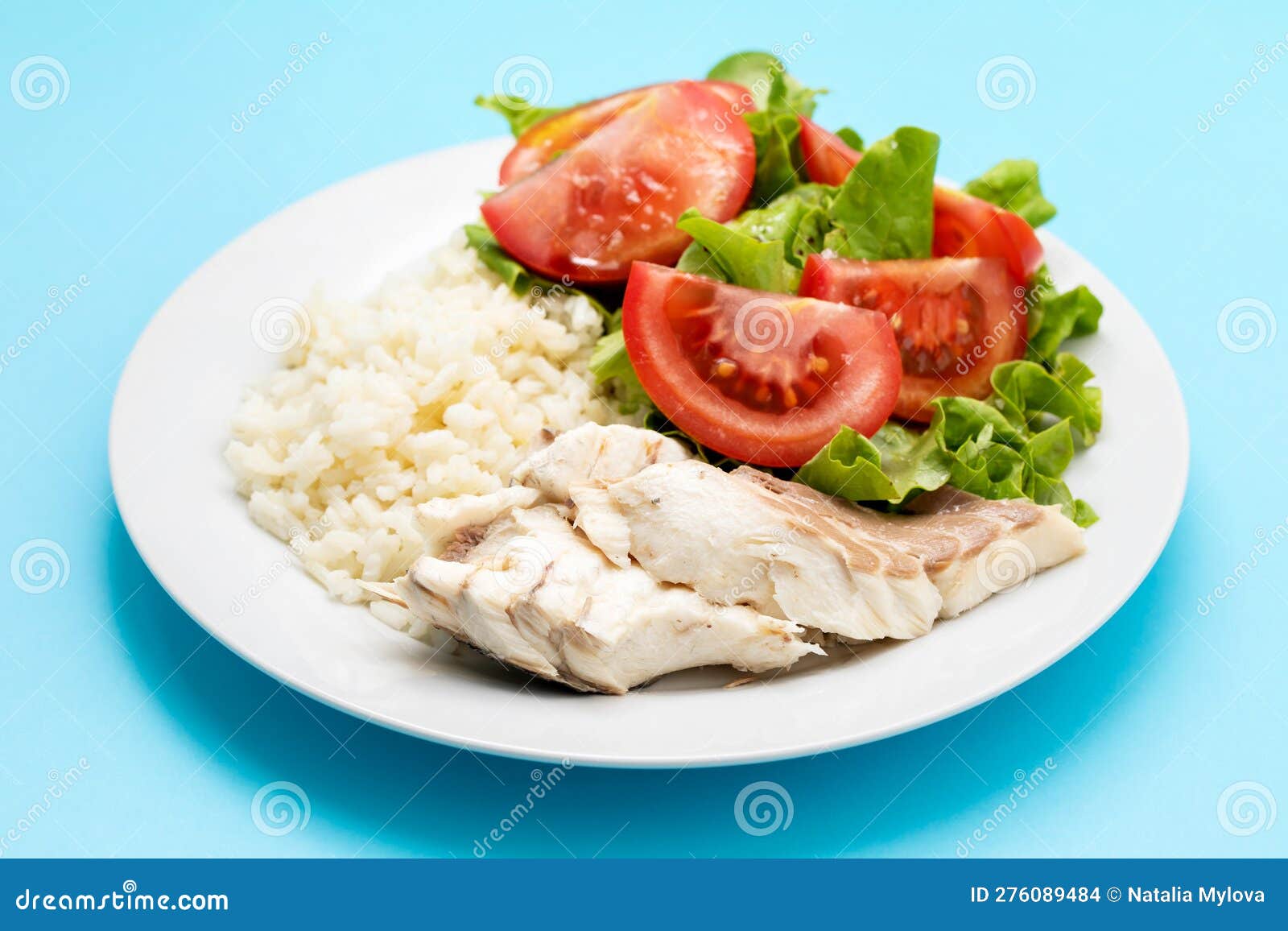 Boiled Fresh Fish with Boiled Rice and Fresh Salad Stock Photo - Image ...