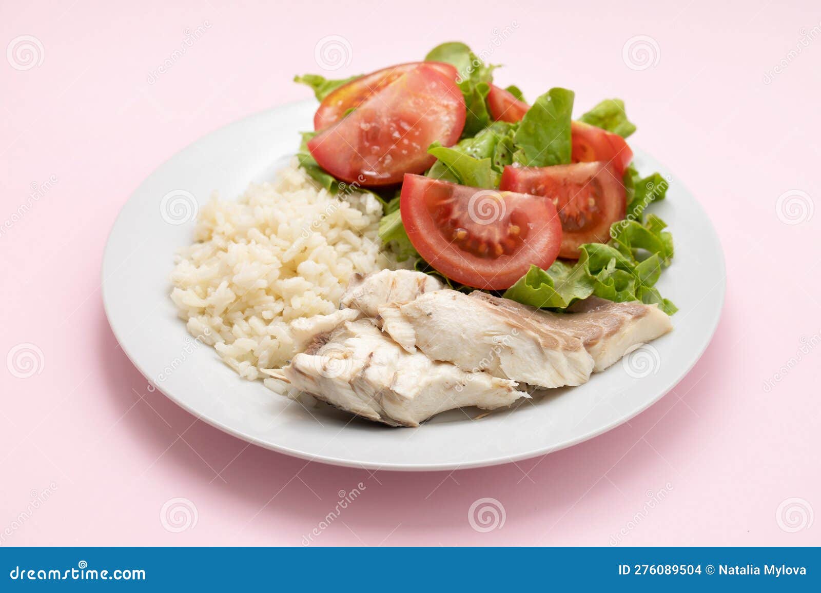 Boiled Fresh Fish with Boiled Rice and Fresh Salad Stock Photo - Image ...