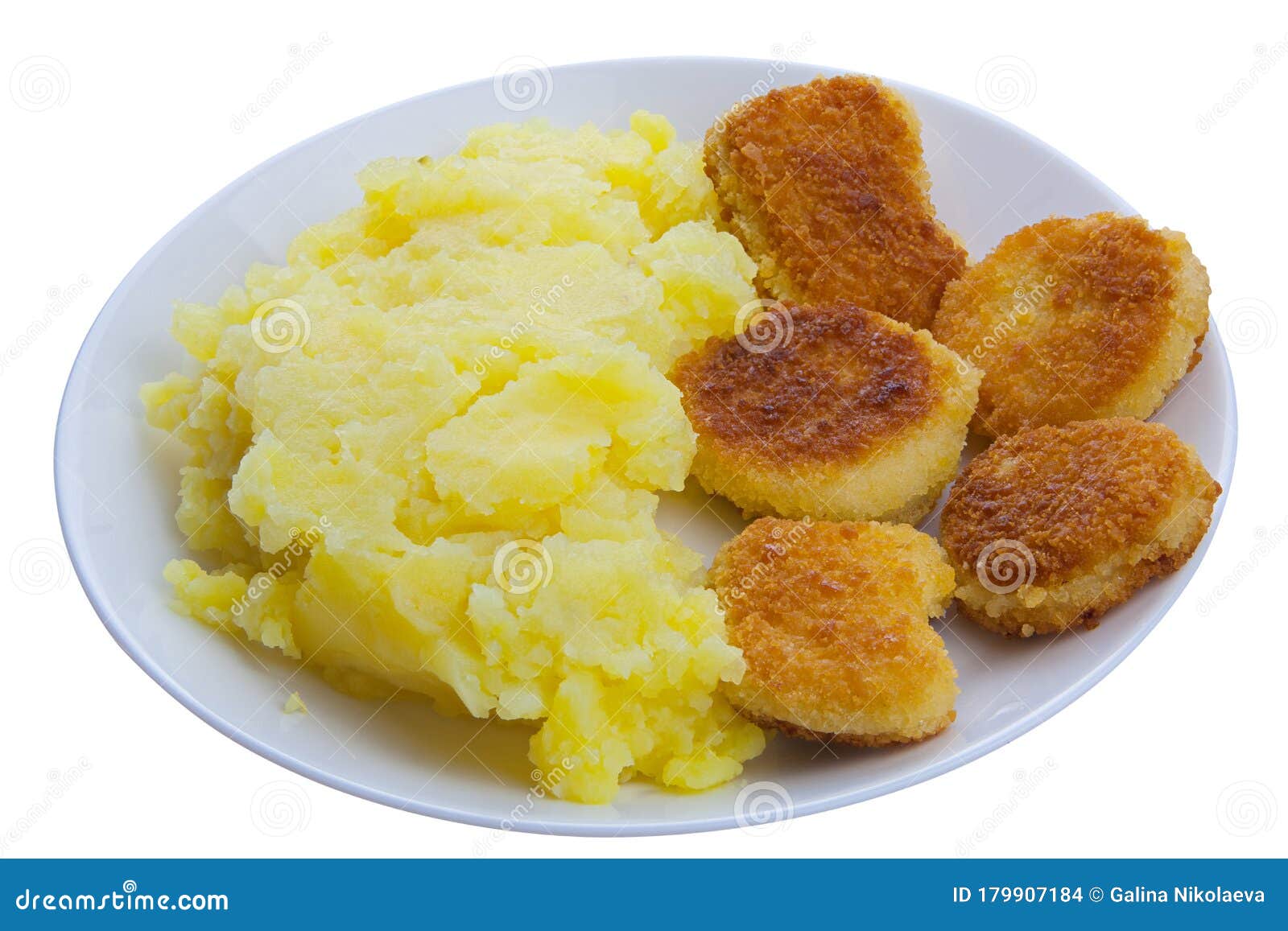 Boiled Mashed Potatoes on a Plate with Chicken Nuggets on White ...