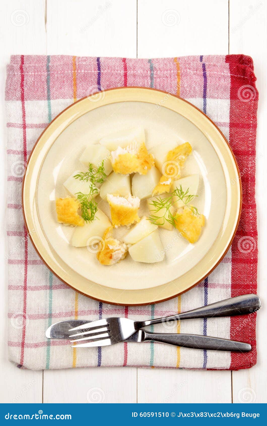Boiled Potatoes with Smoked Cod and Dill Stock Photo - Image of plate ...