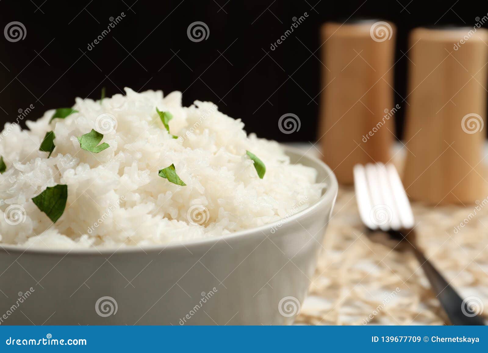 Boiled Rice in Bowl on Table, Closeup. Stock Image - Image of nutrition ...