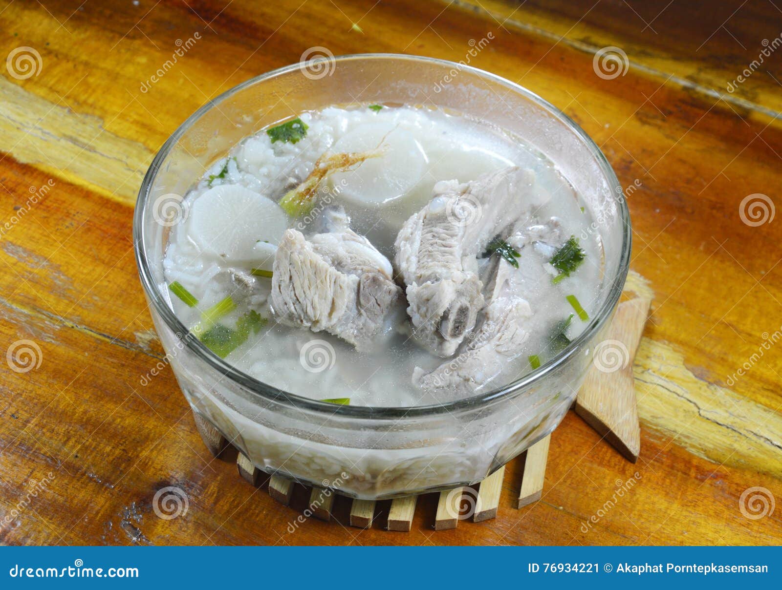 Boiled Rice with Pork Bone Hot Soup on Bowl Stock Image - Image of ...