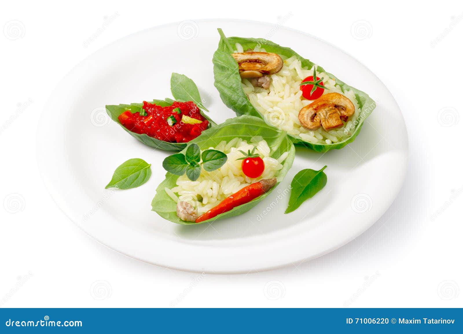 Boiled Rice (risotto) Served into Basil Leaves Stock Photo - Image of ...