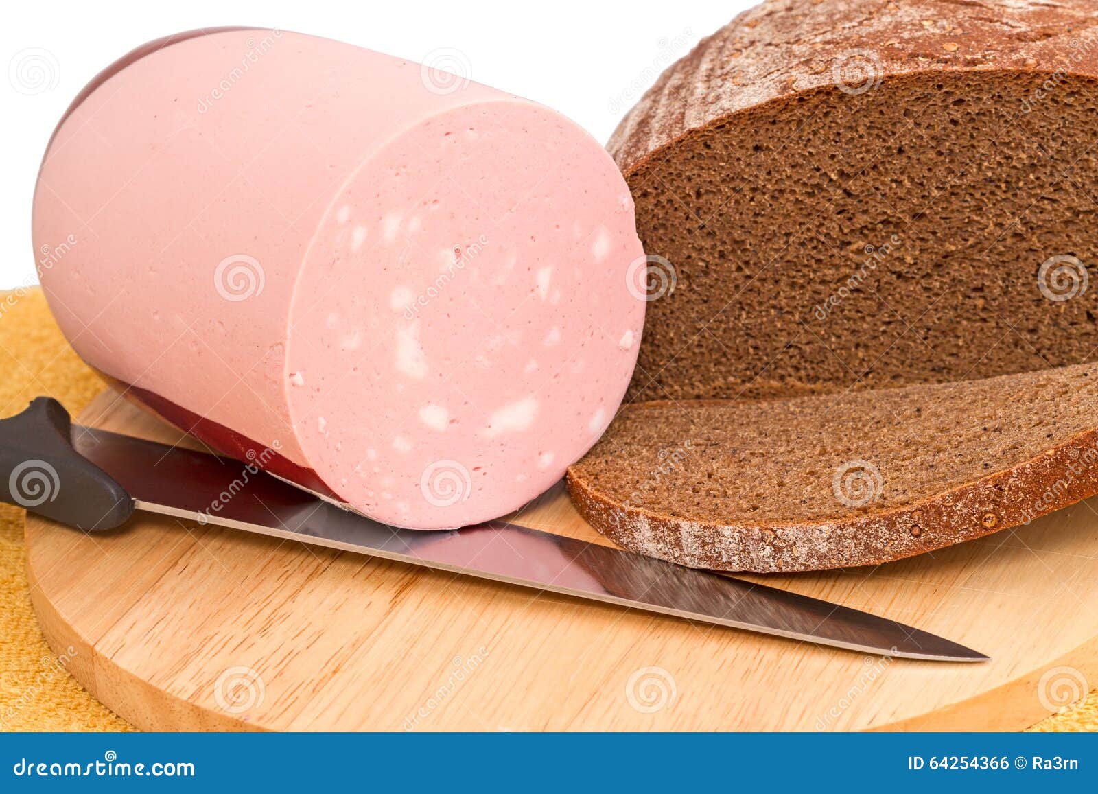 Boiled Sausage and Rye Bread Stock Photo - Image of objects, board ...