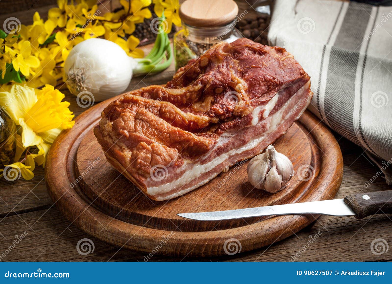 Boiled smoked bacon. stock image. Image of knife, pork - 90627507